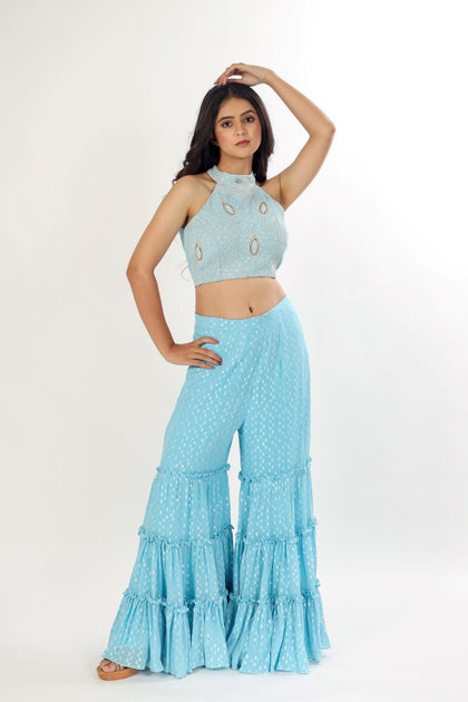 AISH - Sky Blue indo-fusion tiered Sharara with hand work blouse and d ...