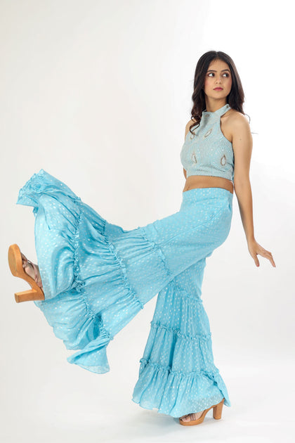 AISH - Sky Blue indo-fusion tiered Sharara with hand work blouse and d ...