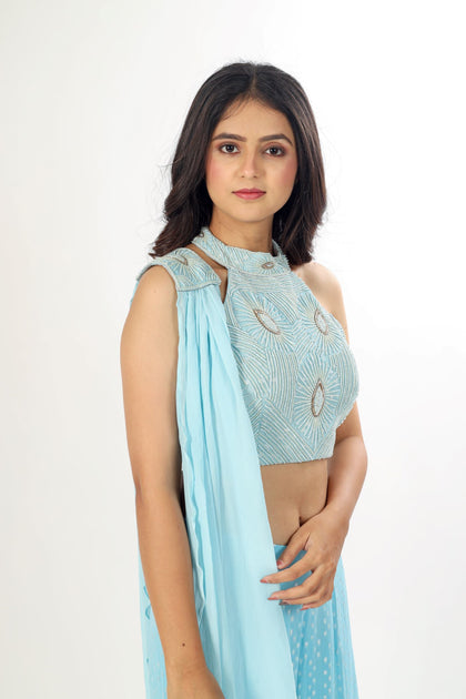 AISH - Sky Blue indo-fusion tiered Sharara with hand work blouse and d ...